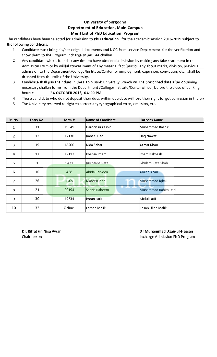 University of Sargodha (UoS) - First Merit List 2016 - PhD Education
